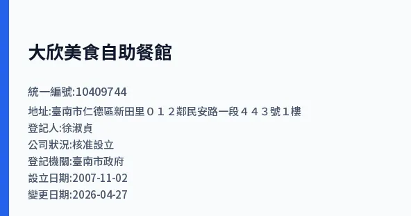 大欣美食自助餐館的照片-統編 10409744(臺南市) 公司登記資料與營業項目詳細圖表