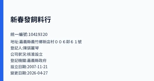 新春發飼料行的照片-統編 10419320(嘉義縣) 公司登記資料與營業項目詳細圖表