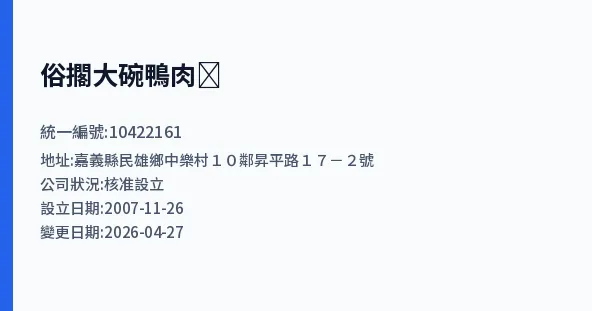 俗擱大碗鴨肉焿的照片-統編 10422161(嘉義縣) 公司登記資料與營業項目詳細圖表