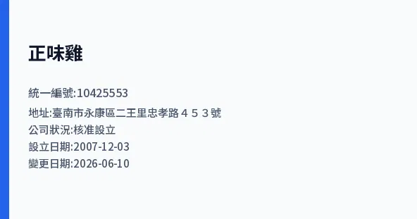正味雞的照片-統編 10425553(臺南市) 公司登記資料與營業項目詳細圖表