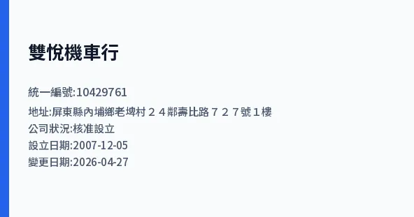 雙悅機車行的照片-統編 10429761(屏東縣) 公司登記資料與營業項目詳細圖表