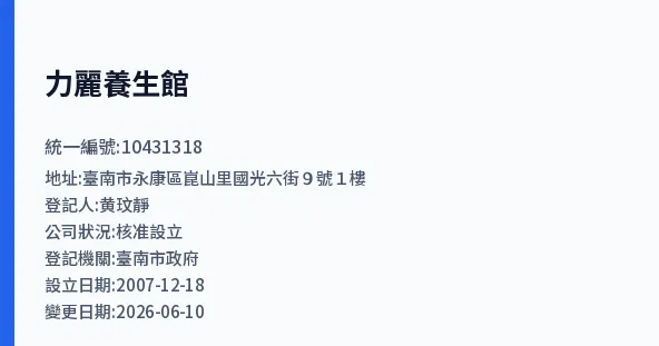 力麗養生館的照片-統編 10431318(臺南市) 公司登記資料與營業項目詳細圖表