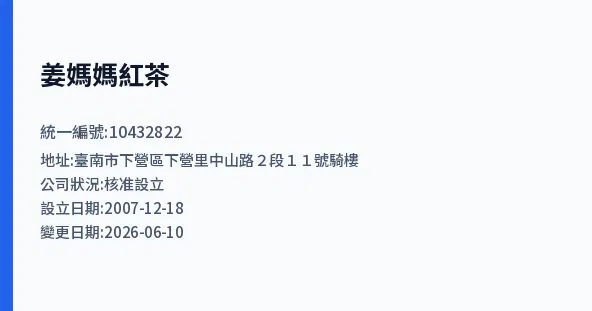姜媽媽紅茶的照片-統編 10432822(臺南市) 公司登記資料與營業項目詳細圖表