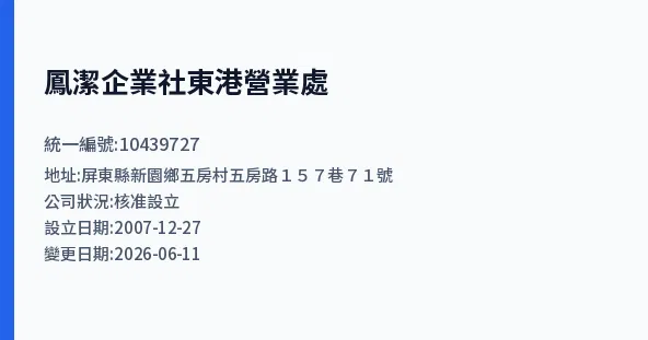 鳳潔企業社東港營業處的照片-統編 10439727(屏東縣) 公司登記資料與營業項目詳細圖表