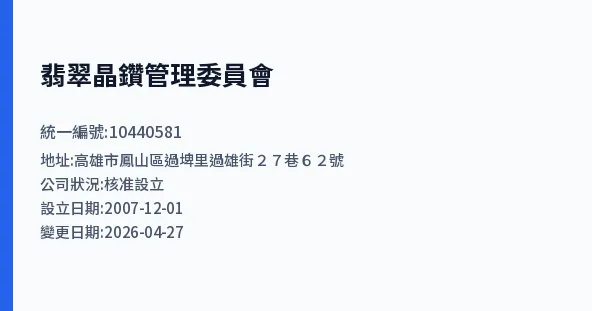 翡翠晶鑽管理委員會的照片-統編 10440581(高雄市) 公司登記資料與營業項目詳細圖表