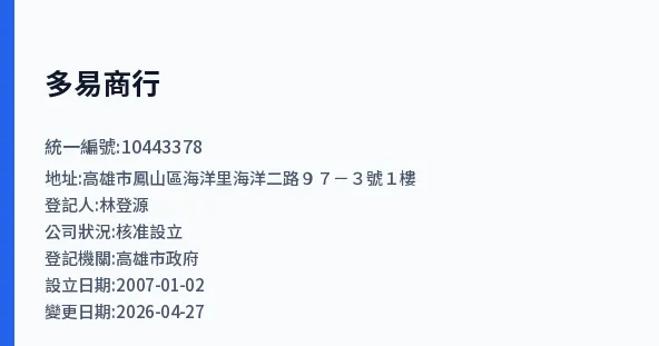 多易商行的照片-統編 10443378(高雄市) 公司登記資料與營業項目詳細圖表