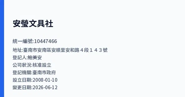 安瑩文具社的照片-統編 10447466(臺南市) 公司登記資料與營業項目詳細圖表