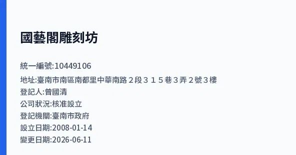 國藝閣雕刻坊的照片-統編 10449106(臺南市) 公司登記資料與營業項目詳細圖表