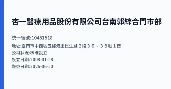 杏一醫療用品股份有限公司台南郭綜合門市部的照片-統編 10451518(臺南市) 公司登記資料與營業項目詳細圖表