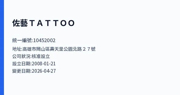 佐藝TATTOO的照片-統編 10452002(高雄市) 公司登記資料與營業項目詳細圖表