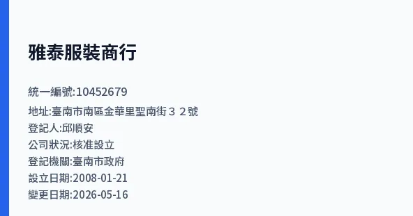 雅泰服裝商行的照片-統編 10452679(臺南市) 公司登記資料與營業項目詳細圖表
