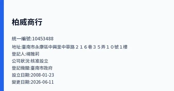 柏威商行的照片-統編 10453488(臺南市) 公司登記資料與營業項目詳細圖表