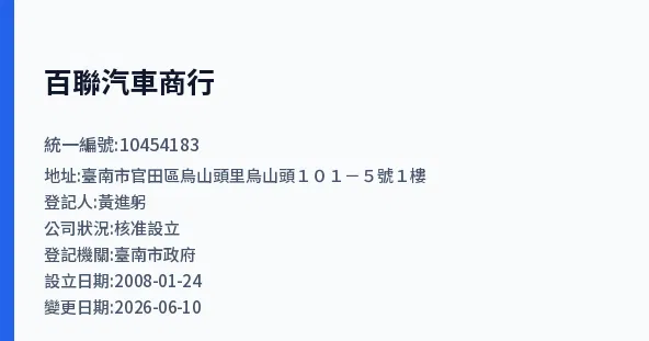 百聯汽車商行的照片-統編 10454183(臺南市) 公司登記資料與營業項目詳細圖表