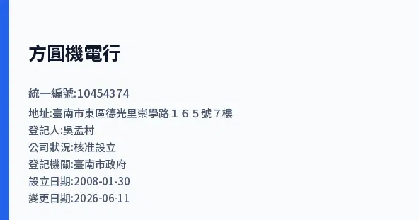 方圓機電行的照片-統編 10454374(臺南市) 公司登記資料與營業項目詳細圖表
