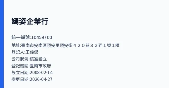 嫣姿企業行的照片-統編 10459700(臺南市) 公司登記資料與營業項目詳細圖表