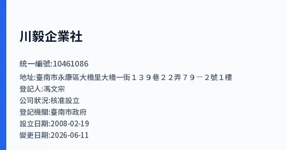 川毅企業社的照片-統編 10461086(臺南市) 公司登記資料與營業項目詳細圖表