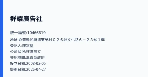 群耀廣告社的照片-統編 10466619(嘉義縣) 公司登記資料與營業項目詳細圖表