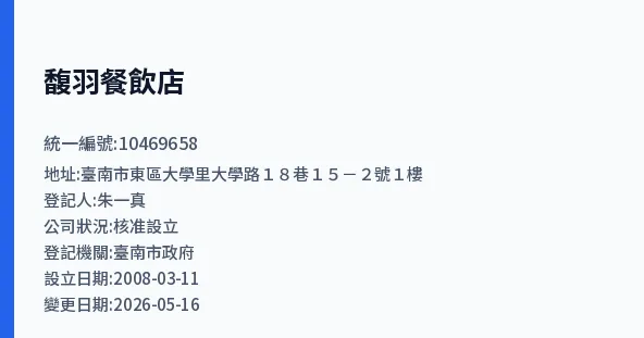 馥羽餐飲店的照片-統編 10469658(臺南市) 公司登記資料與營業項目詳細圖表