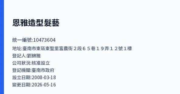 恩雅造型髮藝的照片-統編 10473604(臺南市) 公司登記資料與營業項目詳細圖表
