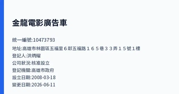 金龍電影廣告車的照片-統編 10473793(高雄市) 公司登記資料與營業項目詳細圖表