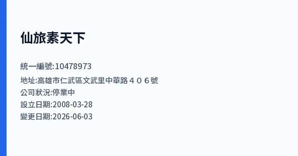 仙旅素天下的照片-統編 10478973(高雄市) 公司登記資料與營業項目詳細圖表