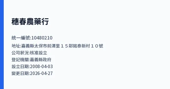 穗春農藥行的照片-統編 10480210(嘉義縣) 公司登記資料與營業項目詳細圖表