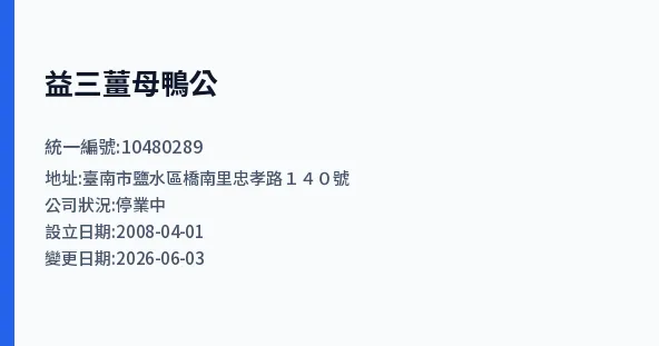 益三薑母鴨公的照片-統編 10480289(臺南市) 公司登記資料與營業項目詳細圖表