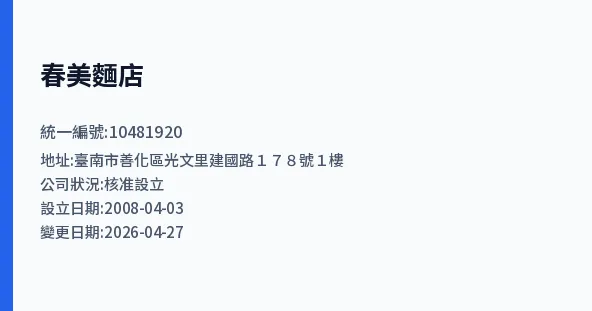 春美麵店的照片-統編 10481920(臺南市) 公司登記資料與營業項目詳細圖表
