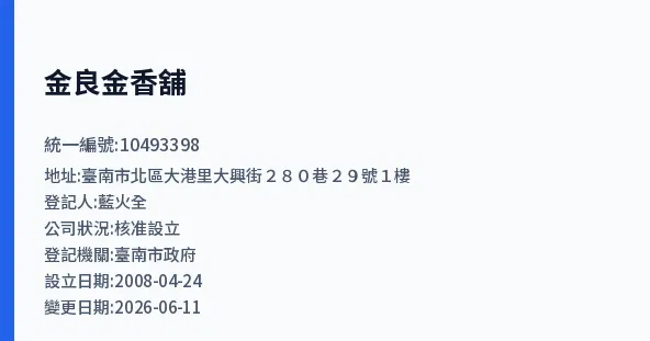 金良金香舖的照片-統編 10493398(臺南市) 公司登記資料與營業項目詳細圖表