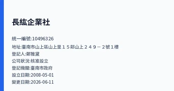 長紘企業社的照片-統編 10496326(臺南市) 公司登記資料與營業項目詳細圖表