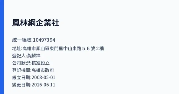鳳林網企業社的照片-統編 10497394(高雄市) 公司登記資料與營業項目詳細圖表