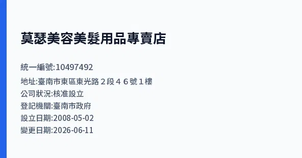 莫瑟美容美髮用品專賣店的照片-統編 10497492(臺南市) 公司登記資料與營業項目詳細圖表