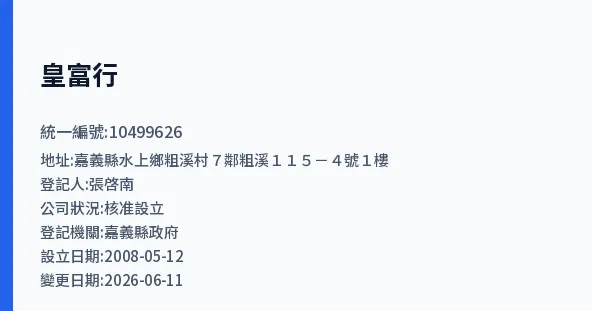 皇富行的照片-統編 10499626(嘉義縣) 公司登記資料與營業項目詳細圖表