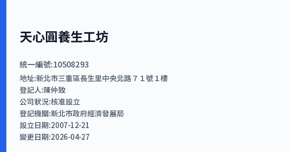 天心圓養生工坊的照片-統編 10508293(新北市) 公司登記資料與營業項目詳細圖表