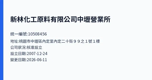 新林化工原料有限公司中壢營業所的照片-統編 10508456(桃園市) 公司登記資料與營業項目詳細圖表