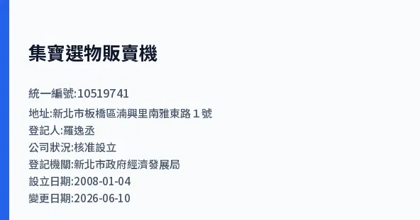 集寶選物販賣機的照片-統編 10519741(新北市) 公司登記資料與營業項目詳細圖表
