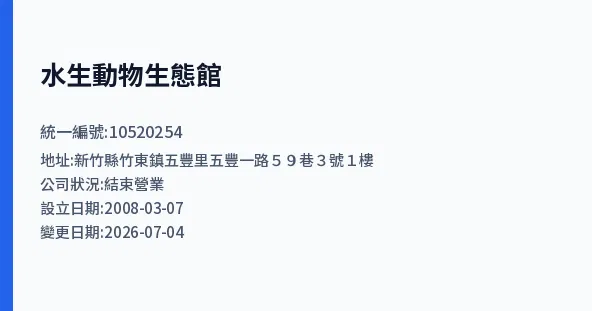 水生動物生態館的照片-統編 10520254(新竹縣) 公司登記資料與營業項目詳細圖表