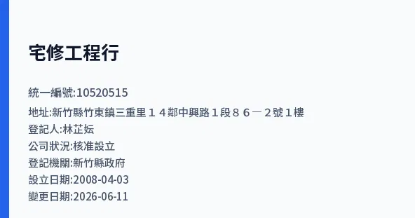 宅修工程行的照片-統編 10520515(新竹縣) 公司登記資料與營業項目詳細圖表