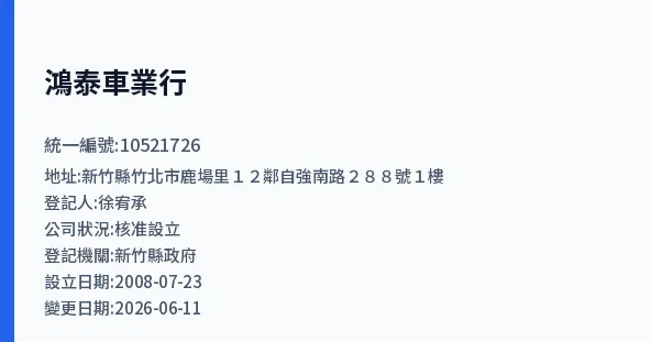 鴻泰車業行的照片-統編 10521726(新竹縣) 公司登記資料與營業項目詳細圖表