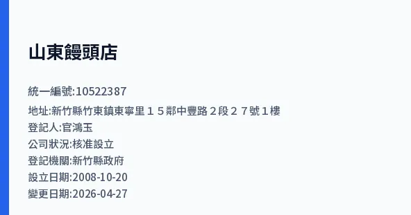 山東饅頭店的照片-統編 10522387(新竹縣) 公司登記資料與營業項目詳細圖表