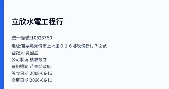 立欣水電工程行的照片-統編 10523750(苗栗縣) 公司登記資料與營業項目詳細圖表