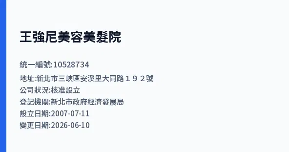 王強尼美容美髮院的照片-統編 10528734(新北市) 公司登記資料與營業項目詳細圖表
