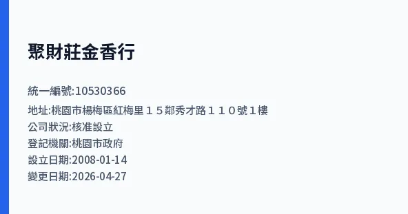 聚財莊金香行的照片-統編 10530366(桃園市) 公司登記資料與營業項目詳細圖表
