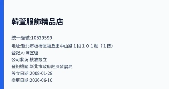 韓萱服飾精品店的照片-統編 10539599(新北市) 公司登記資料與營業項目詳細圖表
