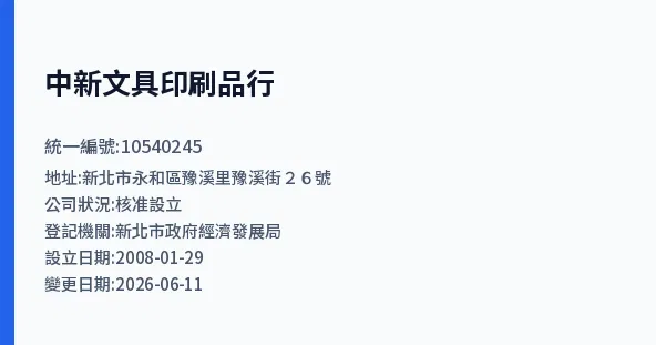 中新文具印刷品行的照片-統編 10540245(新北市) 公司登記資料與營業項目詳細圖表