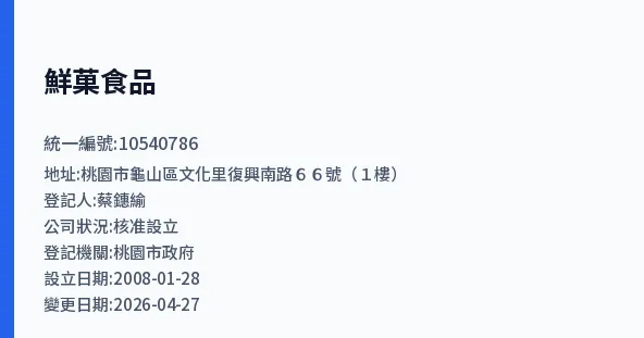 鮮菓食品的照片-統編 10540786(桃園市) 公司登記資料與營業項目詳細圖表