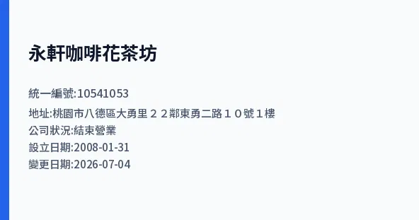 永軒咖啡花茶坊的照片-統編 10541053(桃園市) 公司登記資料與營業項目詳細圖表