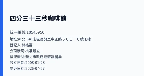 四分三十三秒咖啡館的照片-統編 10545950(新北市) 公司登記資料與營業項目詳細圖表