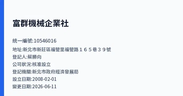 富群機械企業社的照片-統編 10546016(新北市) 公司登記資料與營業項目詳細圖表