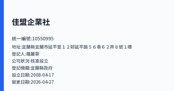 佳盟企業社的照片-統編 10550995(宜蘭縣) 公司登記資料與營業項目詳細圖表
